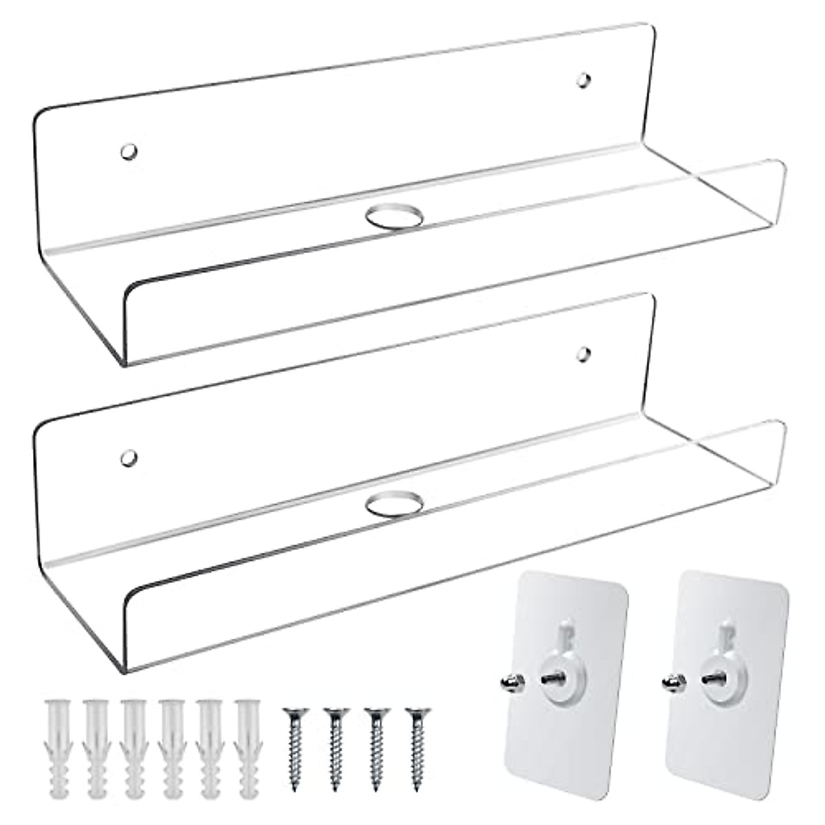 Mocoosy 2 Pack Clear Acrylic Floating Shelf 10'', Invisible Wall Mounted Shelf with Cord Hole, Small Display Ledge Shelves for Smart Speaker/Action Figures, Great for Kids Room Bathroom Office Display