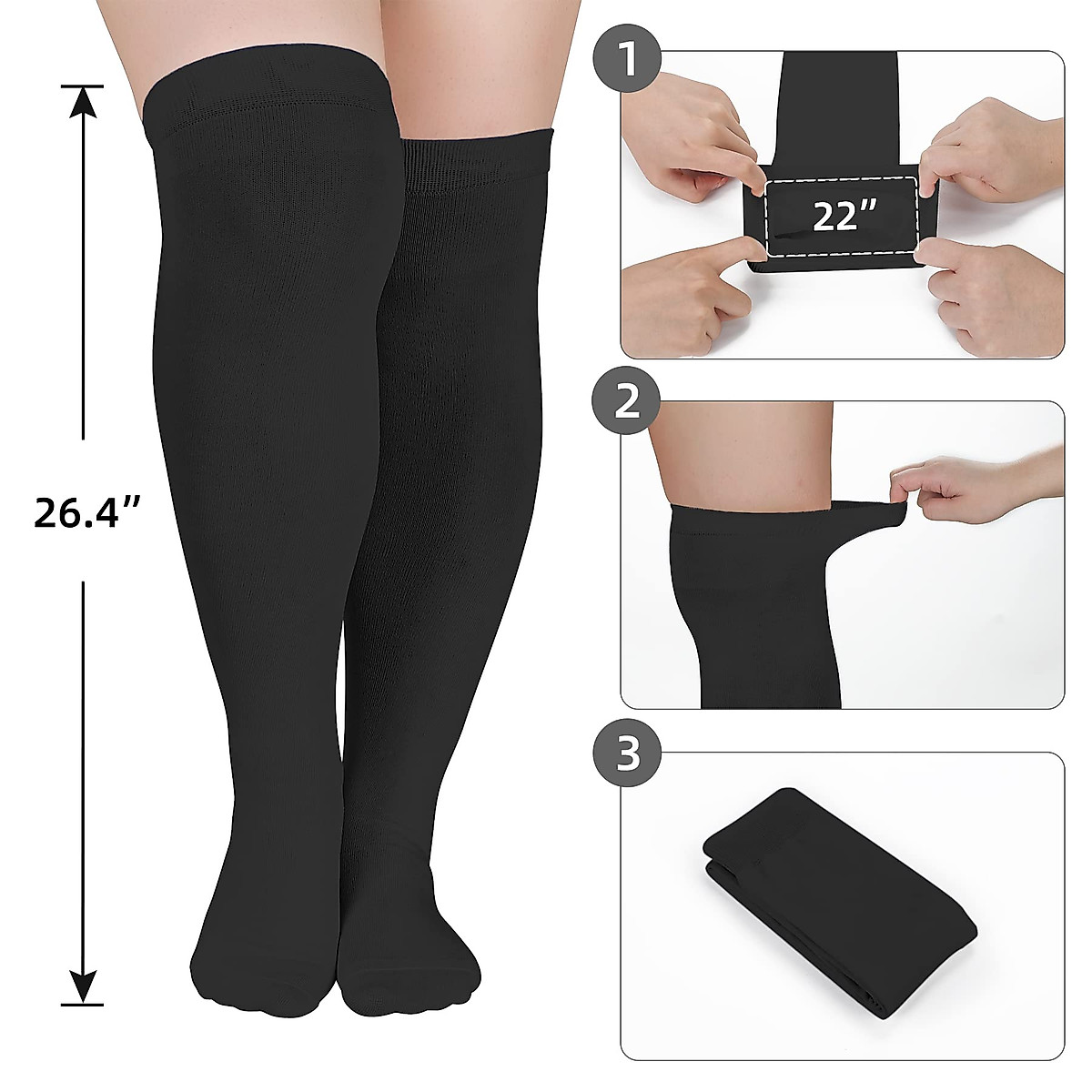 Zando Plus Size Thigh High Stockings Plus Size Long Socks Sexy Cosplay Wide Calf Striped Thigh High Socks Halloween Knee High Socks Girls Warm Socks for Thick Thighs A 1 Pack Black 8-12