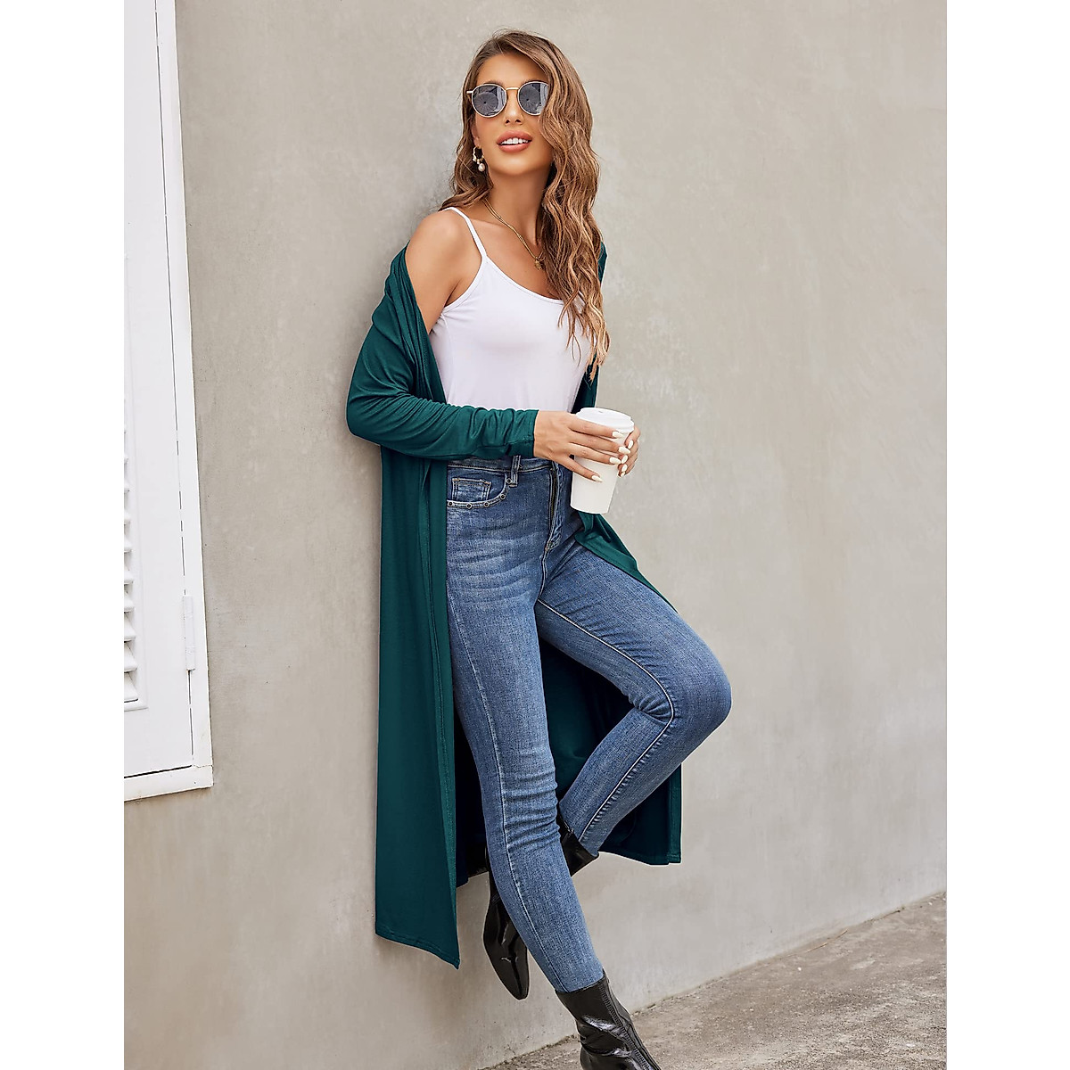 Bluetime Women Plus Size Maxi Cardigan Long Sleeve Open Front Cardigan Lightweight Sweater (XXXXL, Teal Blue)