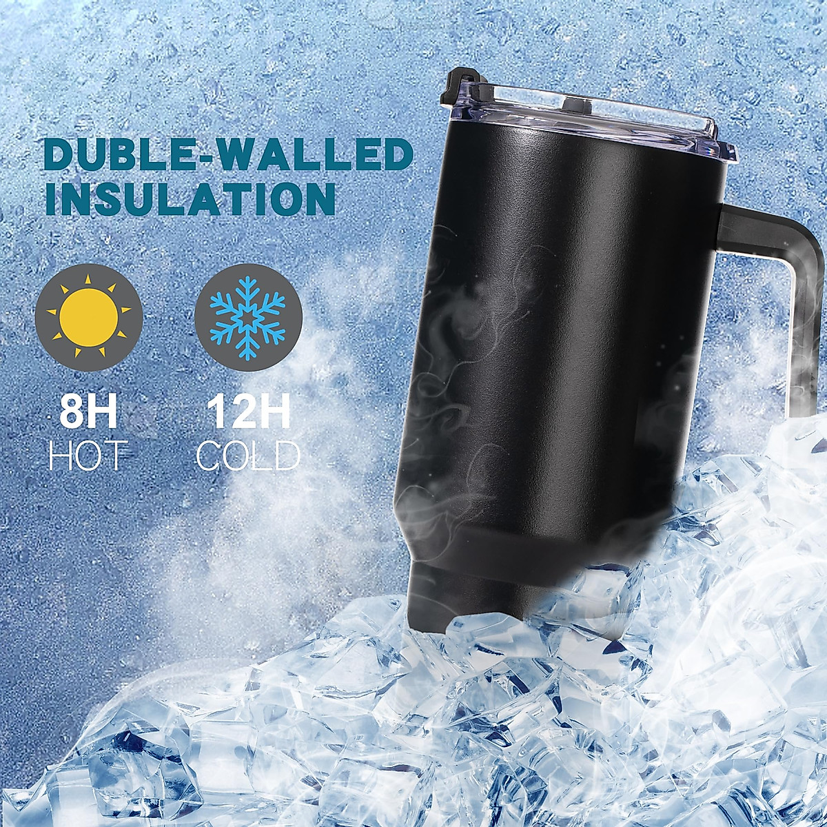 Gome 40 oz Tumbler with Handle Black - Stainless Steel Cup with Straw - Insulated Coffee Mug with Lid - Daisy Birthday Gifts for Women - Hand Wash Only