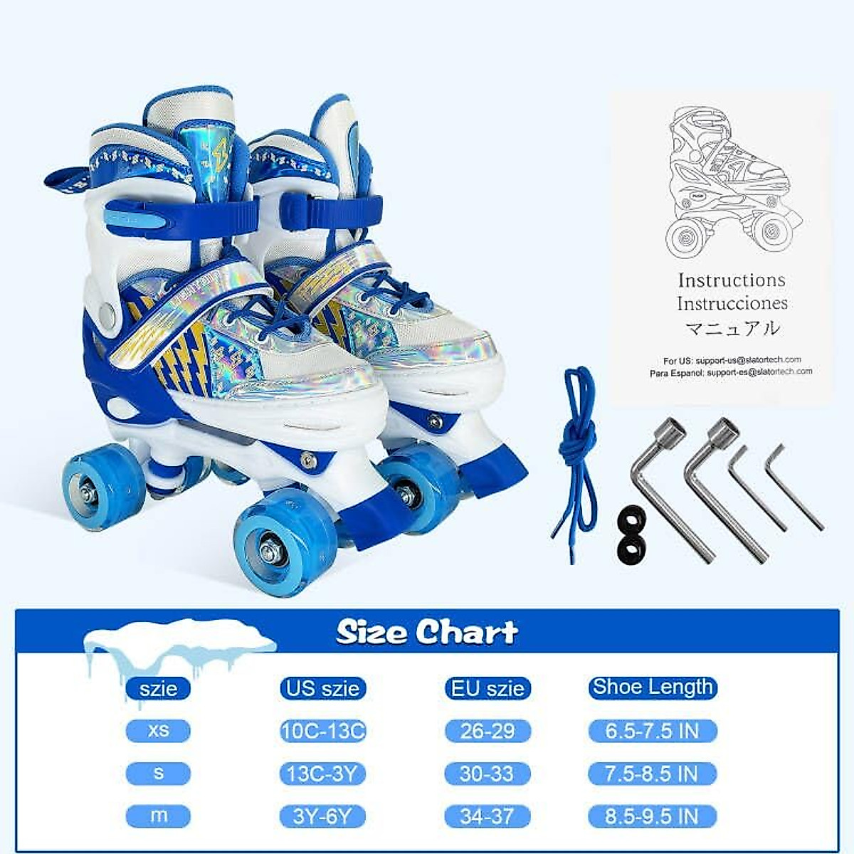 whicow Roller Skates for Boys Girls, 4 Sizes Adjustable Quad Skates for Kids with All Light up Wheels, Full Protection for Toddler's Indoor and Outdoor Sports (Blue, Medium (3Y-6Y US))