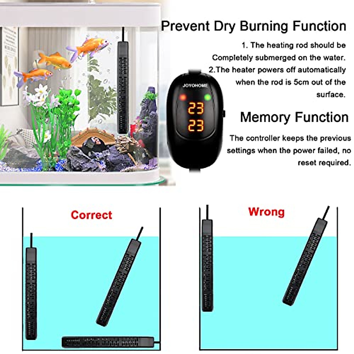 JOYOHOME Aquarium Heater, 500W Fish Tank Thermostat Heater with Dual LED Temp Controller Suitable for Marine Saltwater and Freshwater