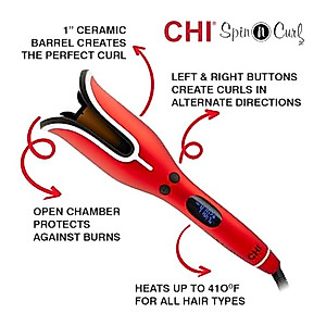 CHI Spin N Curl Ceramic Rotating Curler, Ruby Red. Ideal for Shoulder-Length Hair between 6-16” inches.