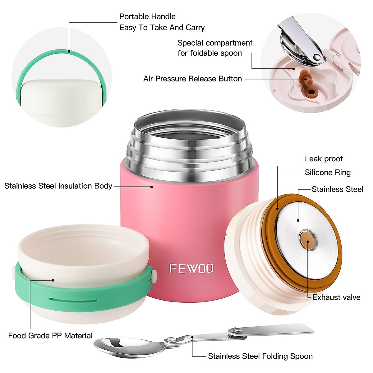 FEWOO Food Jar, 13.5oz Insulated Lunch Soup Container for Hot Cold Food for Kids Adults, Leak Proof Vacuum Stainless Steel Food Jar with Folding Spoon for School Travel Outdoors (Green-Pink)