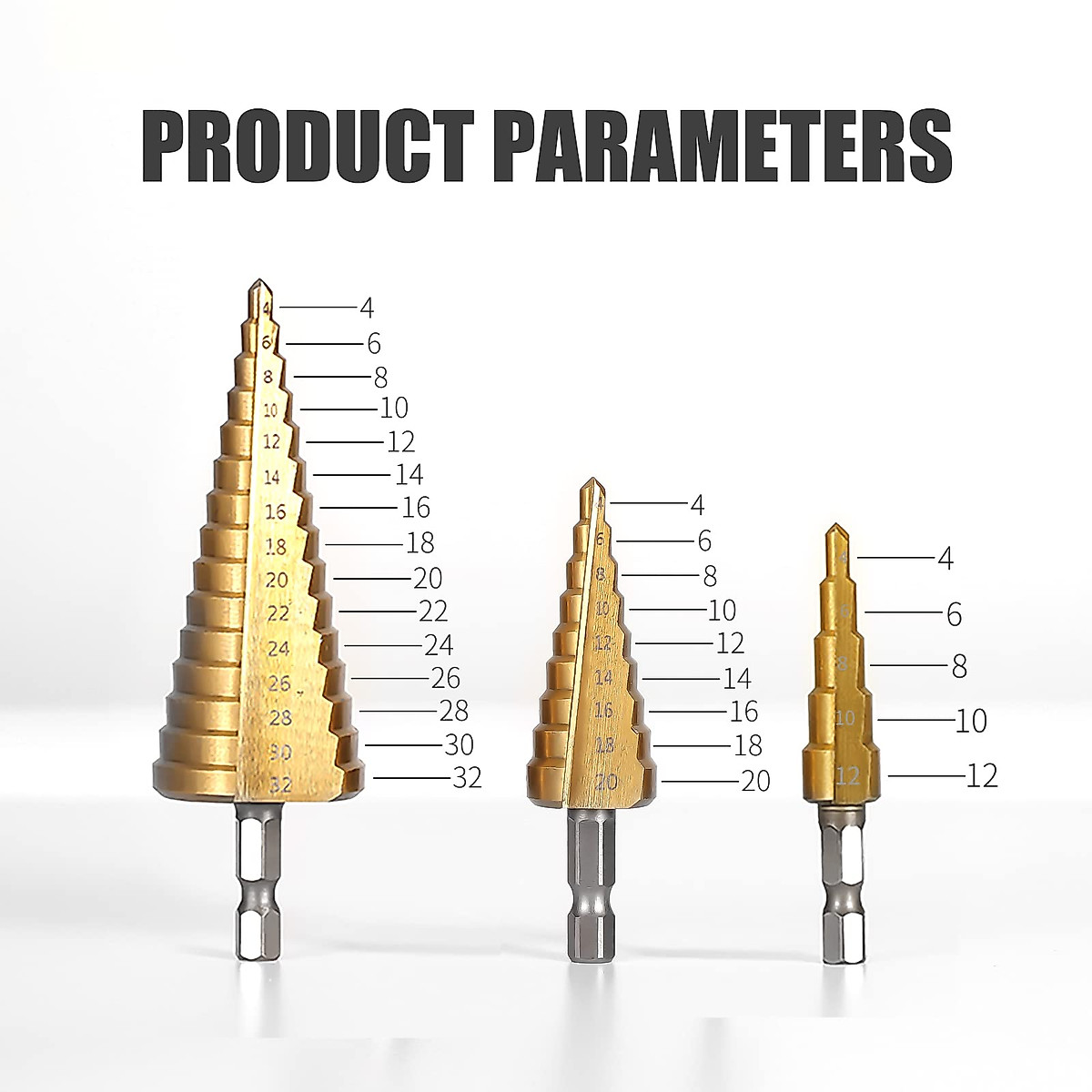 Step Drill Bit Set Metric 3PCS with Bag, Automatic Center Punch (4-12mm/4-20mm/4-32mm), 1/4" Hex Shank Quick Change Titanium Coated High Speed Steel Drill Bits for Copper/Aluminum/Wood/Plastic