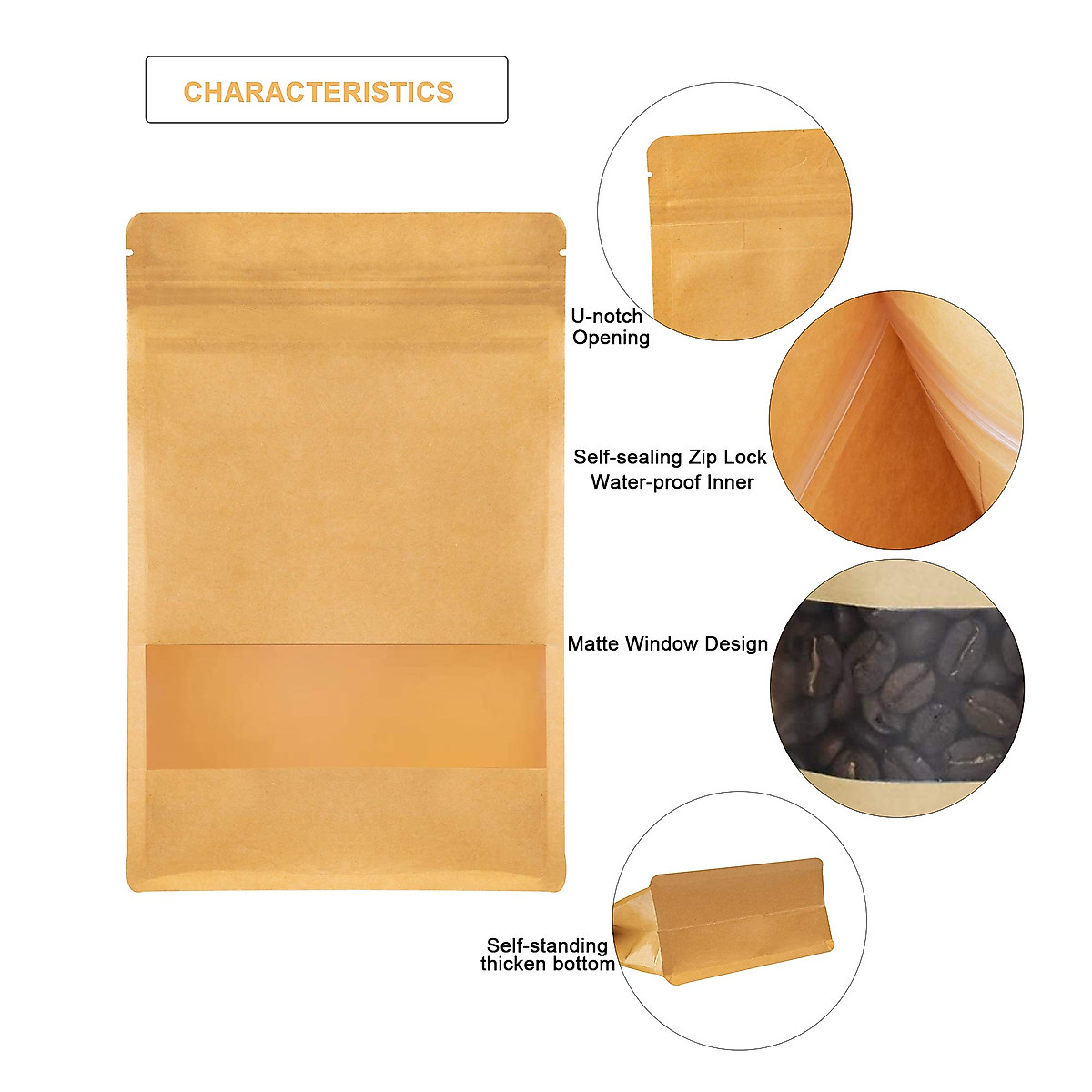 IDEALUX Stand Up Kraft Pouch Bags, Reusable Zip Lock Sealing & Notch ...