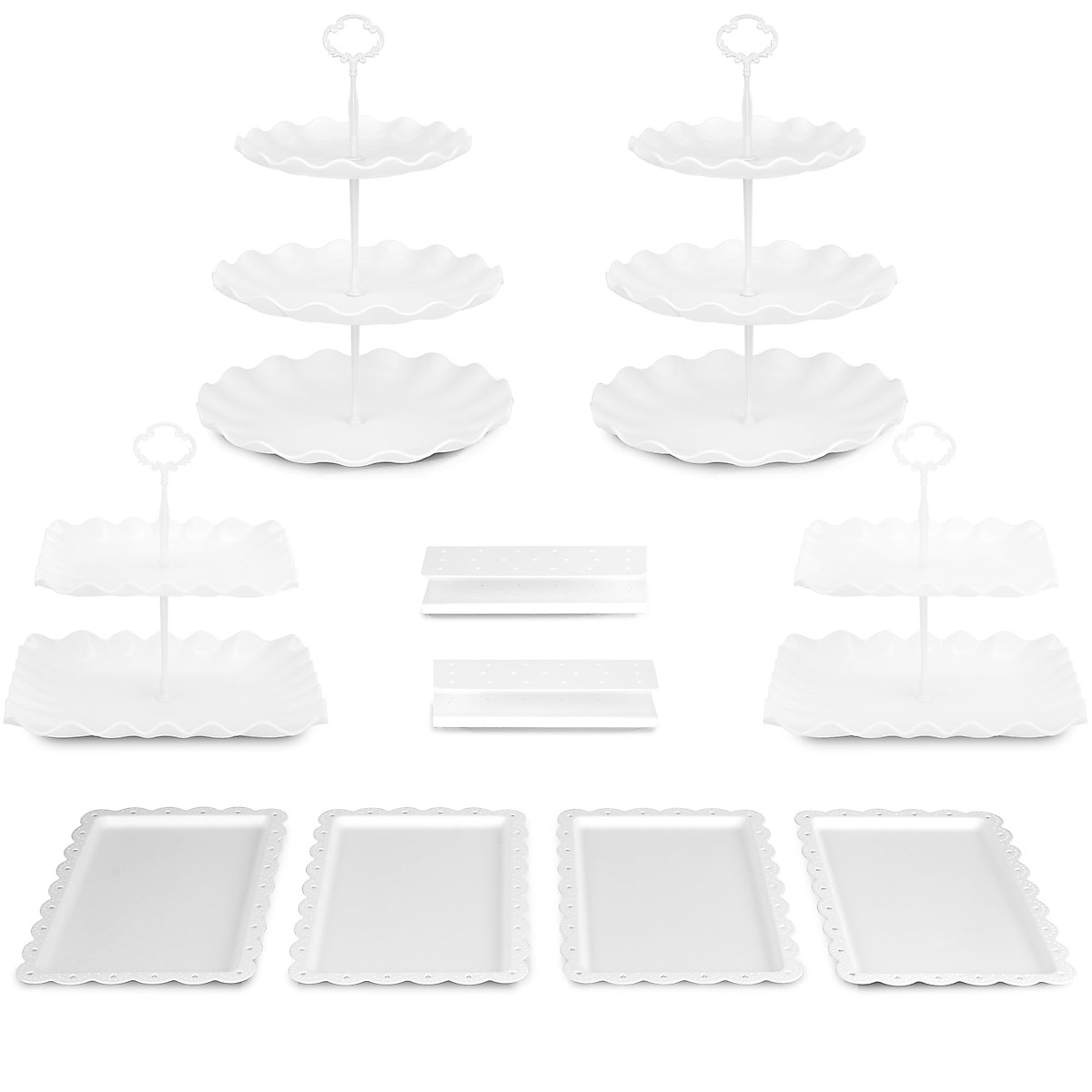 Pack of 10 NWK Cake Stand, Cupcake Stand, with 2X Large 2-Tier Cupcake Stands + 2X Large 3-Tier Cupcake Stands + 4 x Appetizer Trays +2 x Cake Pop Stands Perfect for Birthday Baby Shower Party