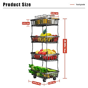 Fruit Vegetable Basket, 4 Tier Fruit Vegetable Storage Cart, Vegetable Basket Bins Rack for Onions and Potatoes, Rolling Utility Cart for Kitchen Pantry Bedroom Living Room, with Handle