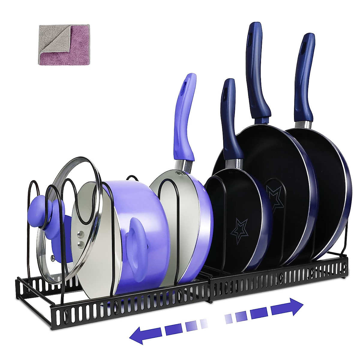Expandable Pot Rack Organizer, Pot and Pan Organizer for Cabinet, Pot Lid Organizer with 3 DIY Methods, Pot Rack Organizer with 7 Tiers, Pot Organizer Deep U-shaped Design with 1pc Cleaning Cloth