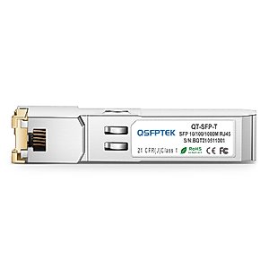 QSFPTEK 1.25G SFP-T Gigabit SFP Copper Ethernet Module, SFP to RJ45, 10/100/1000BASE-T Mini gbic Transceiver for Cisco GLC-T/SFP-GE-T/GLC-TA, Mikrotik SRJ01, Netgear, Supermicro, up to 100m