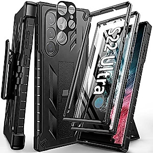 FNTCASE for Samsung Galaxy S22 Ultra Case: Built-in Screen Protector & Kickstand & Belt-Clip Holster, Extra Front Frame Full-Body Dual Layer Rugged Heavy Duty Shockproof Protective Phone Cover-Black