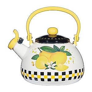 Whistling Tea Kettle for Stove Top Enamel on Steel Teakettle, Supreme Housewares Lemon and Checkered Pattern Teapot Water Kettle Cute Kitchen Accessories Teteras (2 Quart, Lemon)