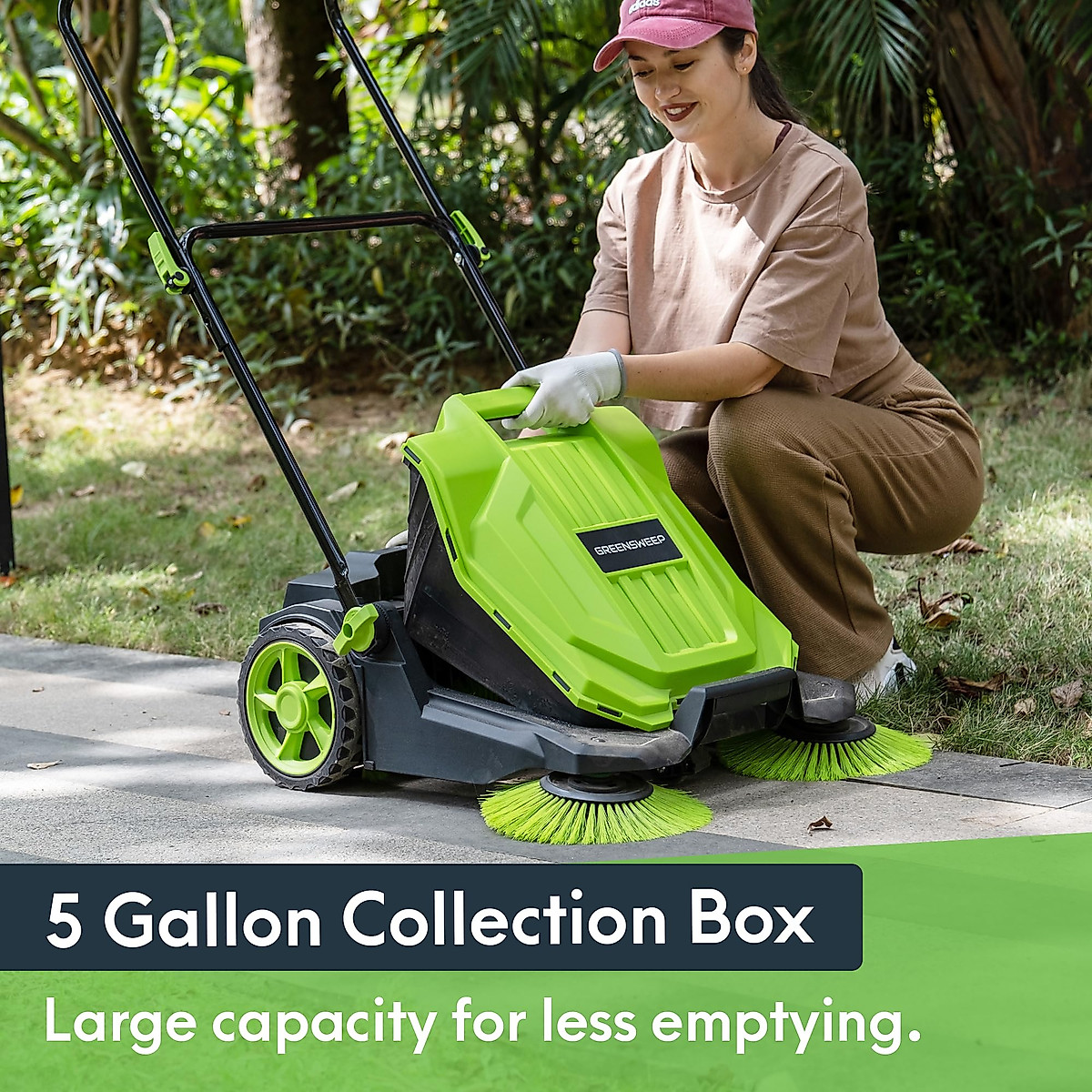 GreenSweep - Walk Behind Manual Push Floor Sweeper - 5 Gallon Capacity - Easy Storage - Outdoor Use - Additonal Heavy Duty Brush Set