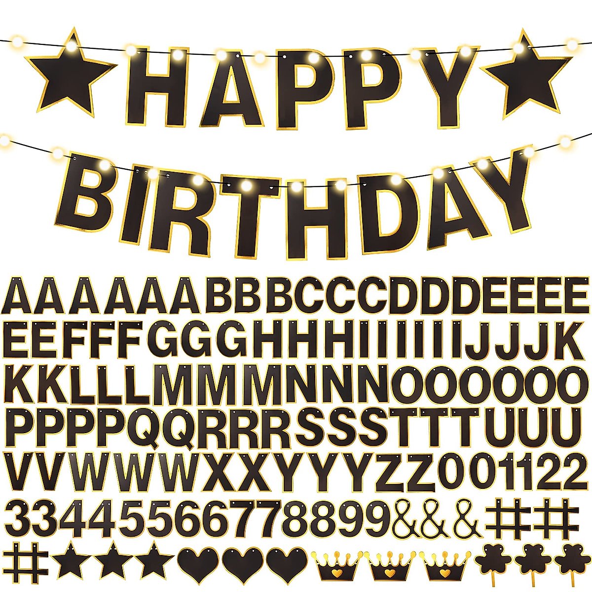 143 Pcs DIY Letter Banner Glitter Customizable Banner Kit Make Your Own LED Banner Include 87 Letters, 20 Numbers 24 Symbol 5 Rope 5 Needles and 2 String Lights for Happy Birthday Party