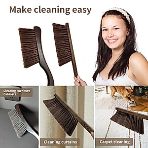 2 Pcs Wooden Hand Broom Brush, Dust Bench Brush Whisk Broom Soft Bristle Brush for Car Bed Furniture Clothes Couch Draft Sofa Fireplace Clothes Household Cleaning with Long Wood Handle(Brown)