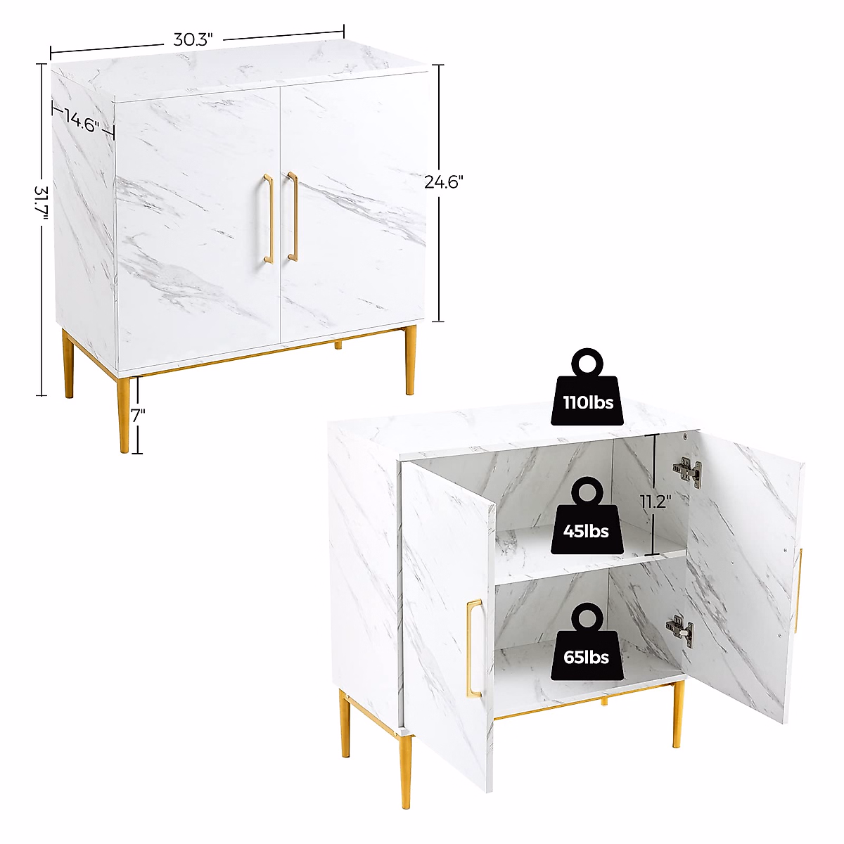 REHOOPEX Accent Cabinet with Door, Storage Buffet Cabinet White Marble, Modern Sideboard, Free Standing Cabinet, Wooden Side Storage Cabinets for Bedroom, Hallway, Entryway or Living Room, Home