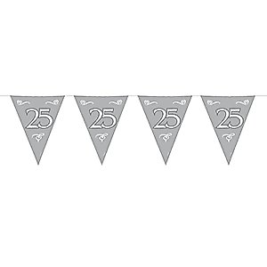 Bunting Silver 25th Anniversary 10 metres, 15 Triangle flags each flag measures approx. 30x22cms. Plastic