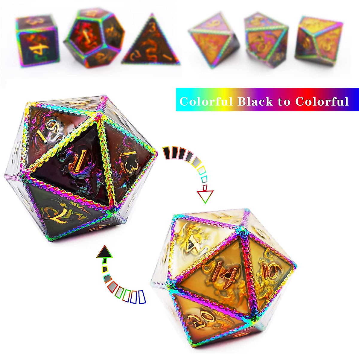 HAOMEJA Color Changing Temperature Metal Dragons DND dice set D&D dice Set Role Playing Dice Apply to Dungeons and Dragons Black Transition Colourful
