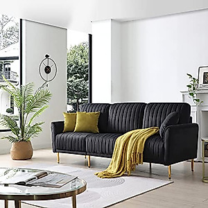 Tmosi 78'' Modern Velvet Upholstered Sofa Couch,3 Seater Sofa with Removable Backrest Pillows,3-Seat Sofa with Gold Metal Legs for Living Room,Bedroom,Office,Apartment (Black, 3 Seater)