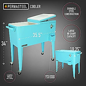 Permasteel PS-203-TURQ-AM 80 Quart Portable Rolling Patio Cooler, Turquoise