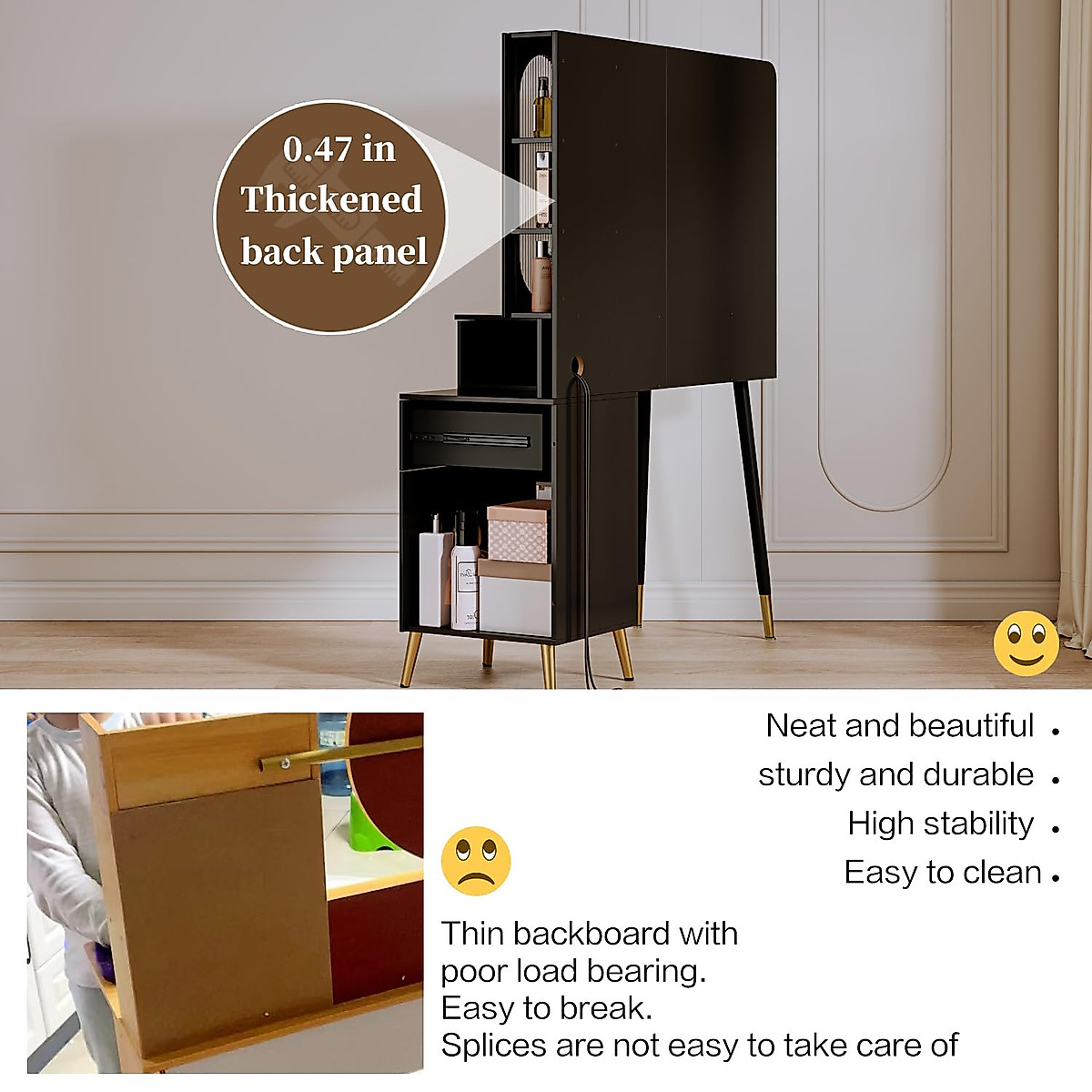 YYJ Vanity Desk with Mirror and Lights,Modern High Capacity Makeup Vanity with 3 Drawers,Makeup Table with Power Outlet and 10 Lights,Writing Desk for Bedroom,Makeup Room, Black