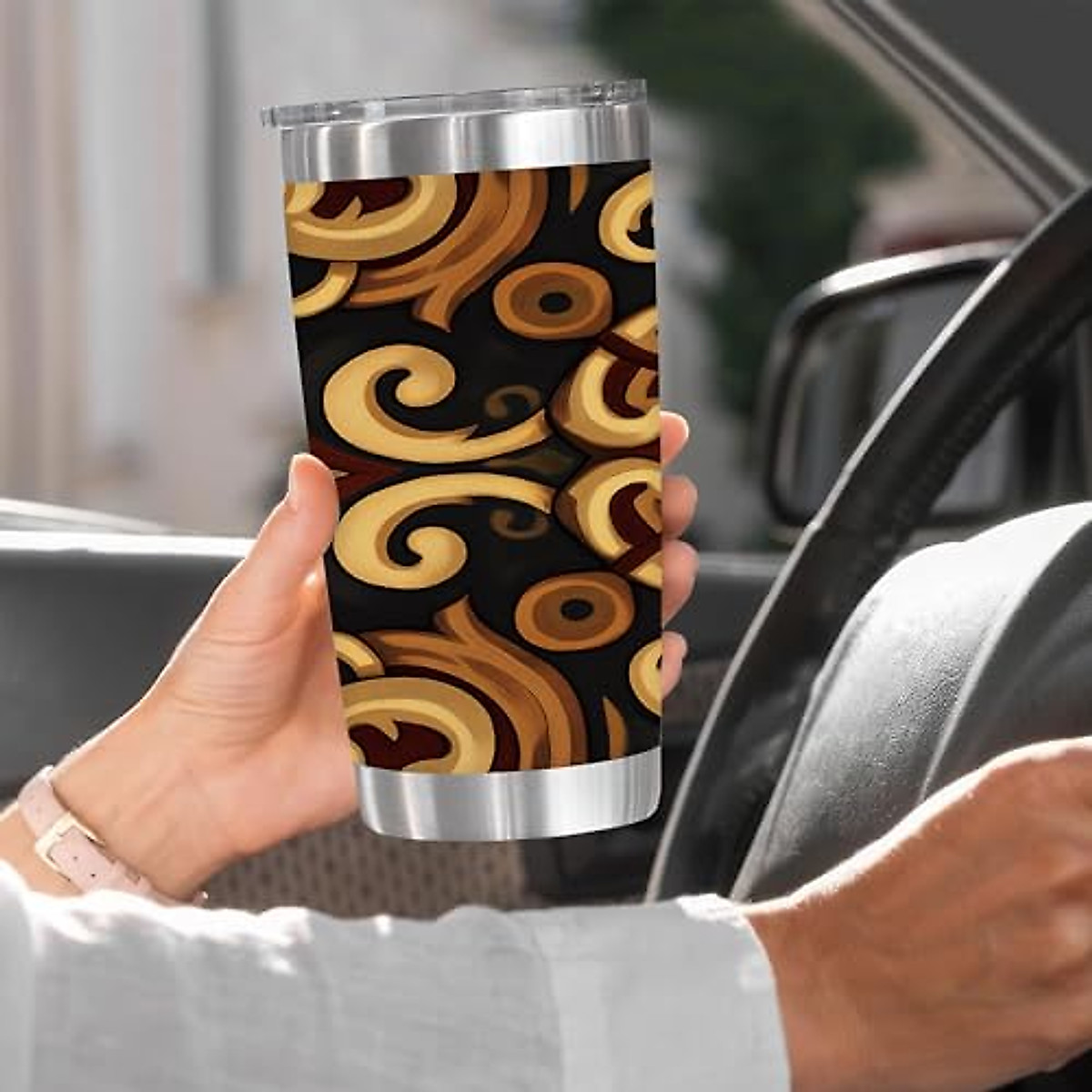 FOCIUZTA 20oz Golden Swirls and Circle Design Decorative Tumbler with lid, Travel Coffee Cup, Ideal for Easter, Gaming Enthusiast, Mother Day, and birthday gifts