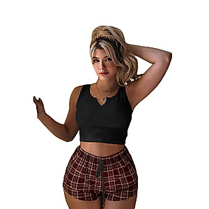 WDIRARA Women's 2 Piece Crop Tank Top and Plaid Drawstring Waist Shorts Pj Set Black and Red M