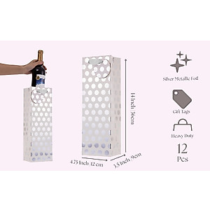 UNIQOOO 12Pcs Premium Quality Gold & Silver Metallic Foil Polka Dots Wine Gift Bag Bulk, w/Gift Massage Tag,100% Recyclable Paper,14"x4.75"x3.5" Wine Carrier Bags Tote Gift Bags, Party Gift Wrapping