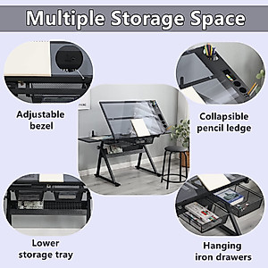 Gagawin Drafting Table with Stool, Height Adjustable Drawing Desk Tempered Glass Art Table Writing Desk with 0-75° Tilting Tabletop for Home Office, No.1-Black