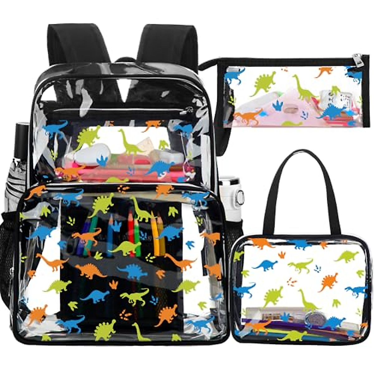 Kacctyen 3 Pcs Pink Clear Backpack for Girl Boy Kid Heavy Duty School Clear Bookbag Transparent Backpack with Lunch Bag(Black,Dinosaur)