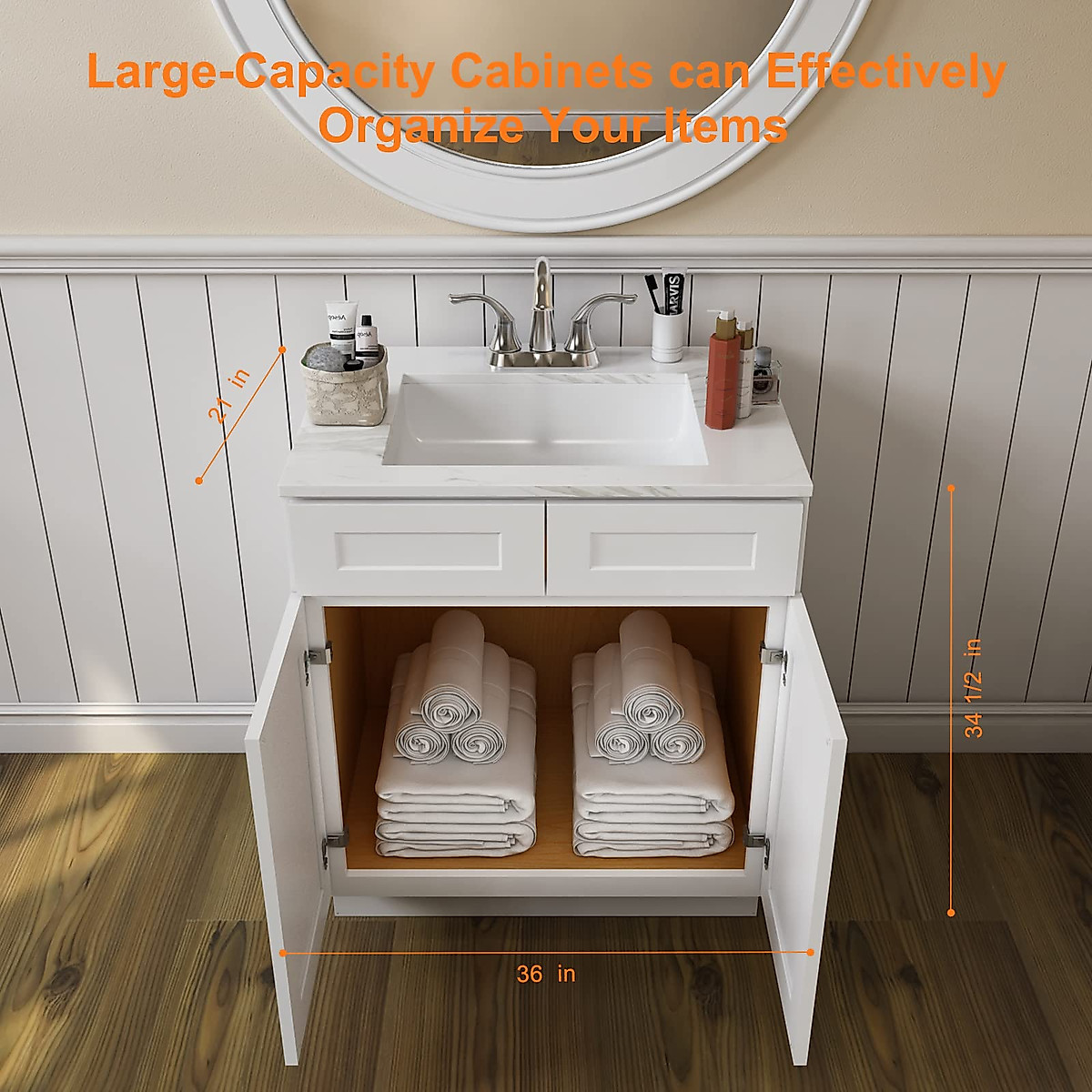 LOVMOR 36" Bathroom Vanity, Kitchen Base Cabinet, Single Sink Storage Unit, Pedestal Sink Storage Cabinet, Large Capacity for Laundry Room, Kitchen, Shower Room & Utility Room