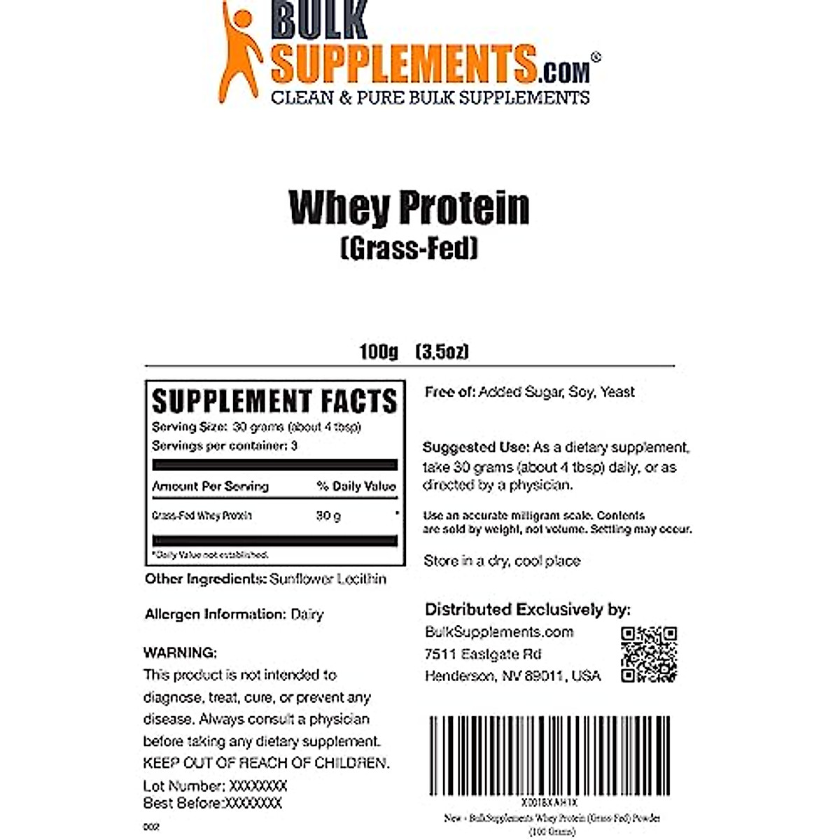 BULKSUPPLEMENTS.COM Grass Fed Whey Protein Powder - Unflavored Whey Protein Powder - Protein Supplement - Pure Protein Powder - Protein Powder Without Artificial Sweeteners (100 Grams - 3.5 oz)