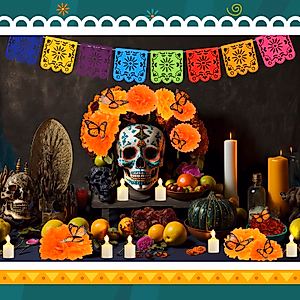 Newwiee 82 Pcs Day of the Dead Altar Decoration Kit Dia De Muertos Disposable Tablecloth Flameless LED Candle Paper Marigold Flower Fan Butterfly Mexican Papel Picado Banner Supplies (Colorful)