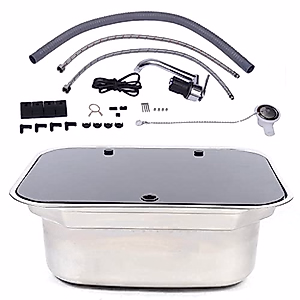 RV Sink Kitchen Bar Sink RV Stainless Steel Hand Wash Basin Sink with Folded Faucet Tempered Glass Lid Washbasin for Camper, Trailer, Caravan, RV, Home, Cafe, Bar, Boat