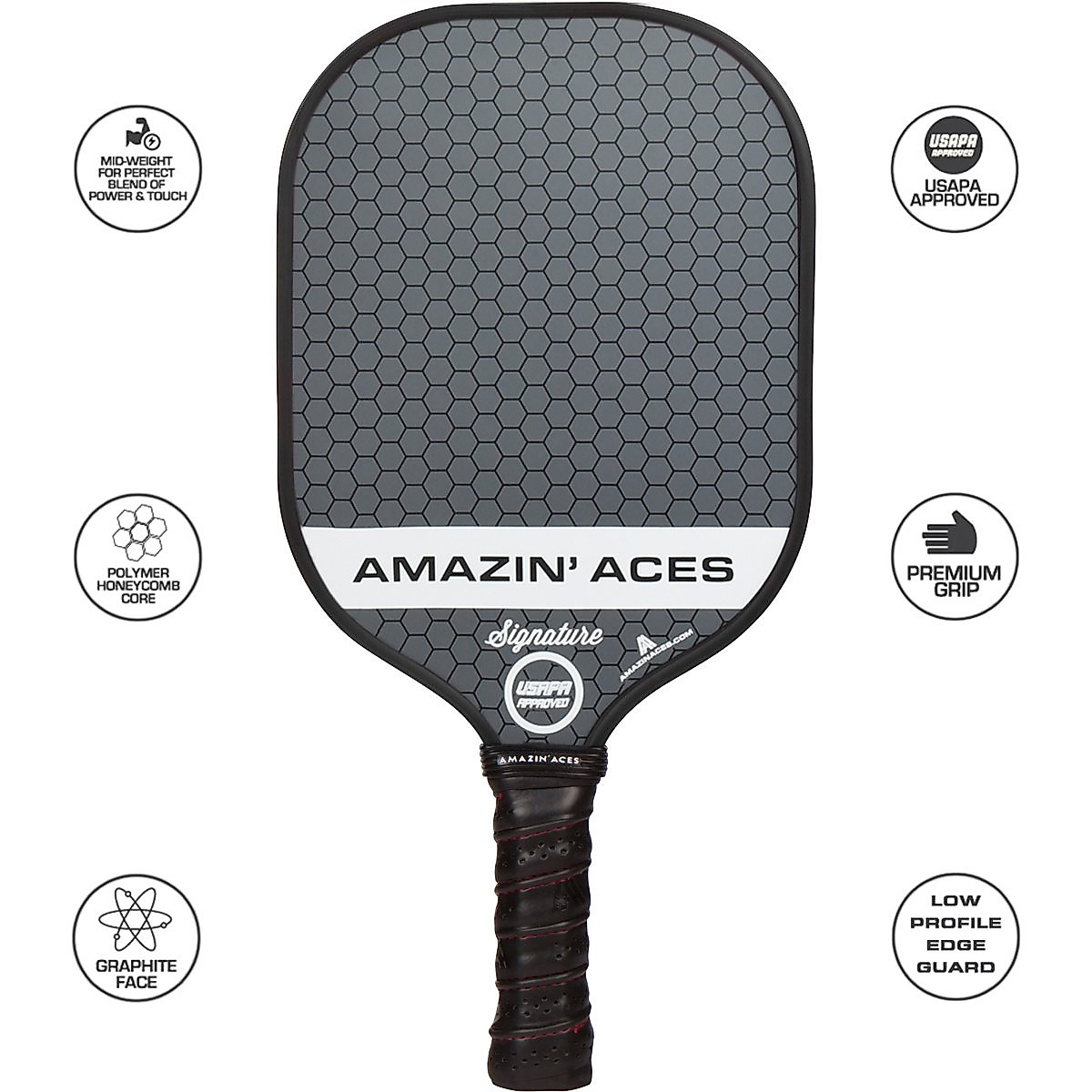 Amazin' Aces Signature Pickleball Single Paddle Blue - 1 USAPA-Approved Pickleball Racket with Graphite Face & Polymer Honeycomb Core, 1 Paddle Cover & 1 Carry Bag