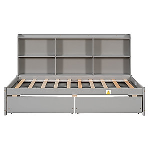 Twin Size Captain Bed with 2 Storage Drawers Wood Day Beds with Side Bookcase, Twin Bed Frame for Kids, Boys, Girls & Teens, No Box Spring Needed, Grey