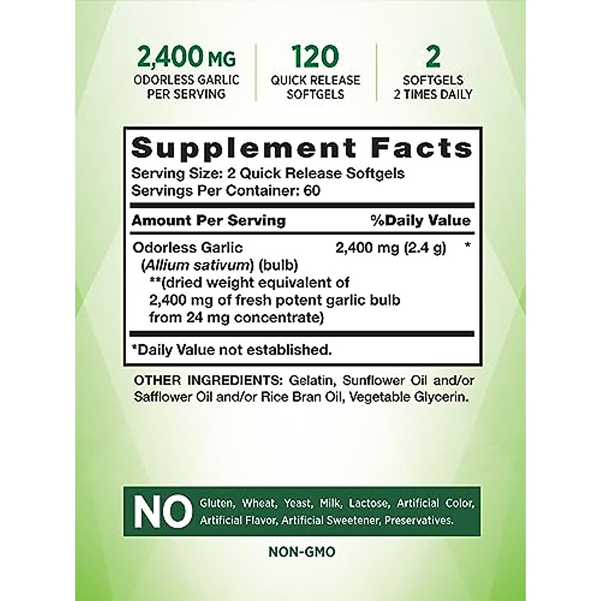 Odorless Garlic 2400 mg | 120 Softgel Capsules | High Strength Extract Pills | Non-GMO, Gluten Free Supplement | by Nature's Truth