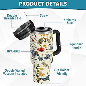 FRCSDIY Beautiful Flowers Insulated Tumbler with Handle and Straw Lid,30oz Leakproof Stainless Steel Cup BPA-Free Water Bottle