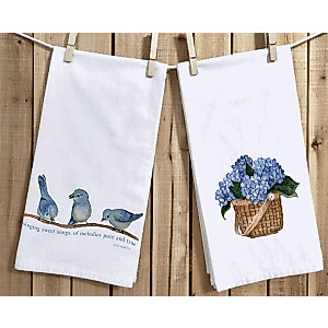Blue Birds Flower Kitchen Dish Towel 18 x 28 Inch Set of 2, Seasonal Spring Summer Hydrangea Tea Towels Dish Cloth for Cooking Baking