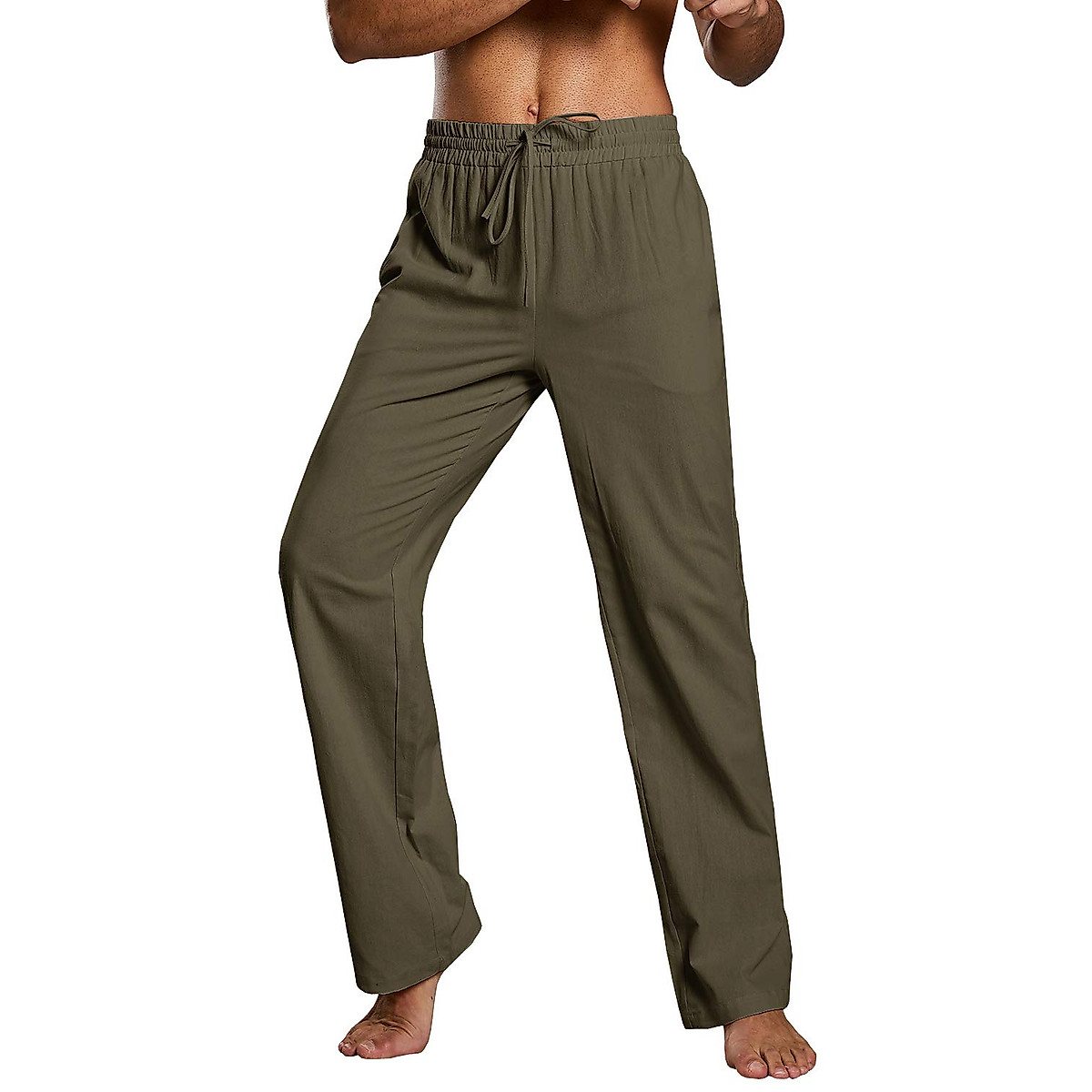 PASLTER Mens Casual Linen Pants Loose Fit Straight-Legs Elastic Drawstring Waist Summer Beach Yoga Long Pants