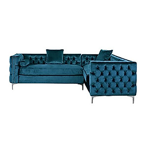 Iconic Home Mozart Elegant Velvet Modern Deeply Tufted with Silver Nailhead Trim Chrome Legs Right Facing Sectional Sofa, Teal