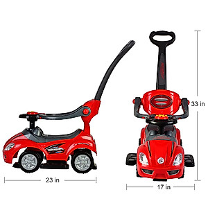 ChromeWheels 3 in 1 Ride on Toys Push Car with Guardrail, Mega Car for Toddlers, w/Handle, Horn, Music, Color Red