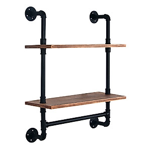 HouseAid Industrial Pipe Floating Shelves with Towel Bar, 24 Inch Farmhouse Vintage Style Shelf for Bathroom, Wall Mounted, Matte Black (2 Tiers)