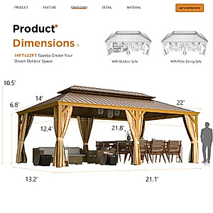 EROMMY 14'x22' Hardtop Gazebo, Galvanized Steel Double Roof with Wood Grain Aluminum Frame, Outdoor Gazebo with Curtains and Nettings for Patio, Backyard and Deck