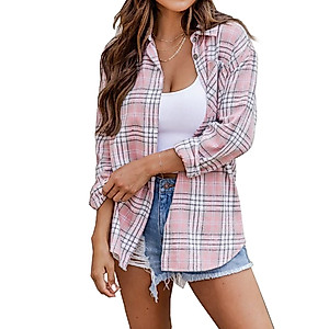 NUOREEL Womens Plaid Shirts Button Down Flannel Shirts Boyfriend Long Sleeve Shirts (Medium, Pink1)