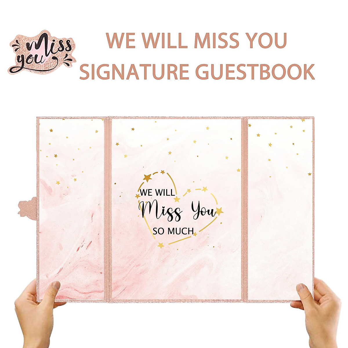 DARUNAXY Rose Gold Farewell Party Decorations for Women, We Will Miss You Very Much Alternative Signature Guest Book Going Away Gifts Signing Card Board for Retirement Graduation Party Supplies