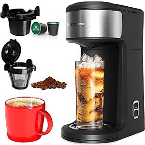 Hrelec 2 in 1 K Cup Coffee Maker, Iced Single Serve Coffee Maker for Capsule and Ground Coffee, Pod Coffee Maker One Cup Small Coffee Machine with Self-Cleaning Function, 8-14 oz Brew Size