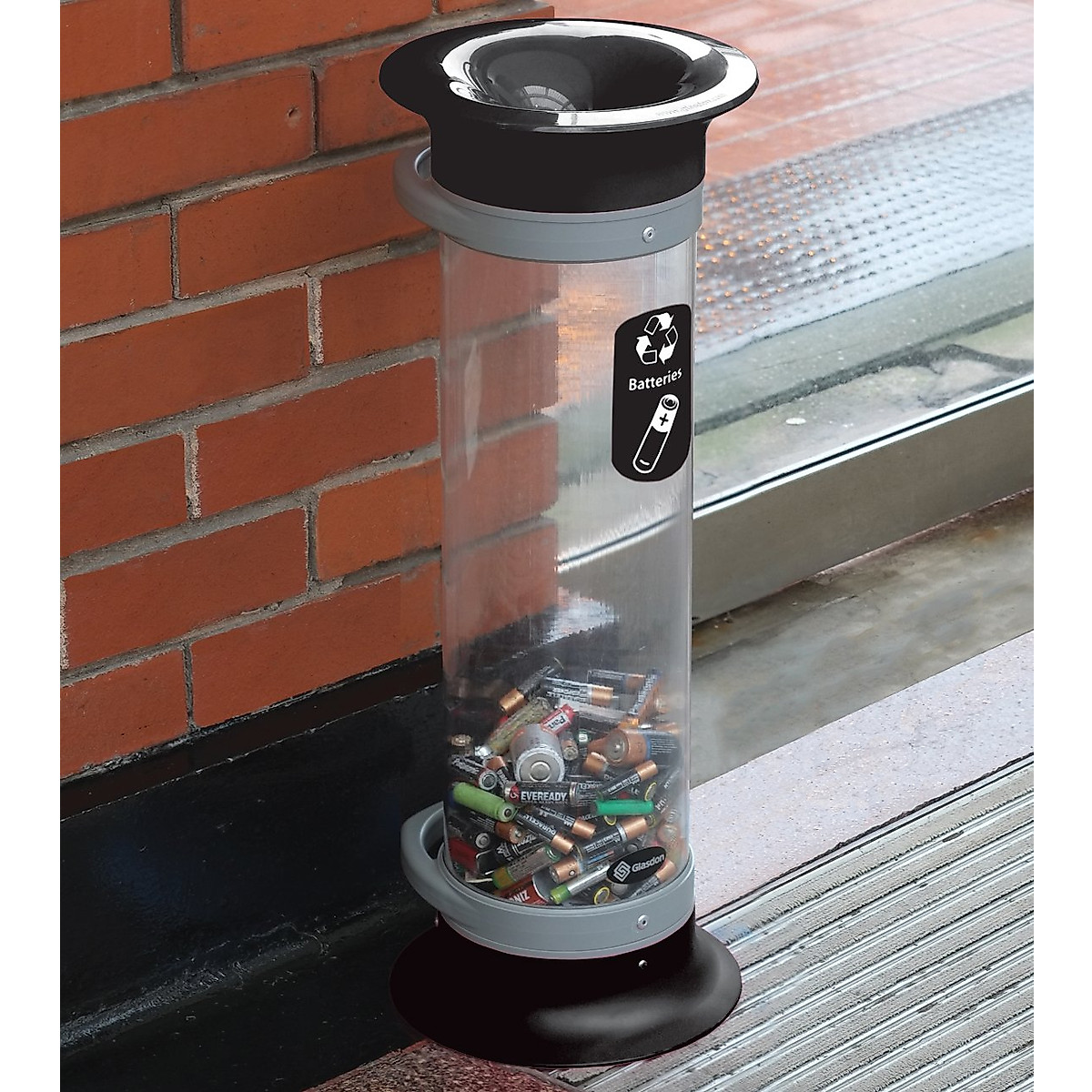 Glasdon C-Thru 10Q Battery Recycling Tube (Black) – Small Battery Recycling Bin – Compact 10Q Battery Collection Tube – Standard/Recycle Across America Decals (Recycle Across America Decal)