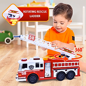 VEBO Fire Truck Motorized with Lights, Siren Sound, Working Water Pump and Rotating Rescue Ladder- Electric, Motorized, Big Fun Size 15", Realistic Design- for Toddlers, Kids Aged 3+ Years Old