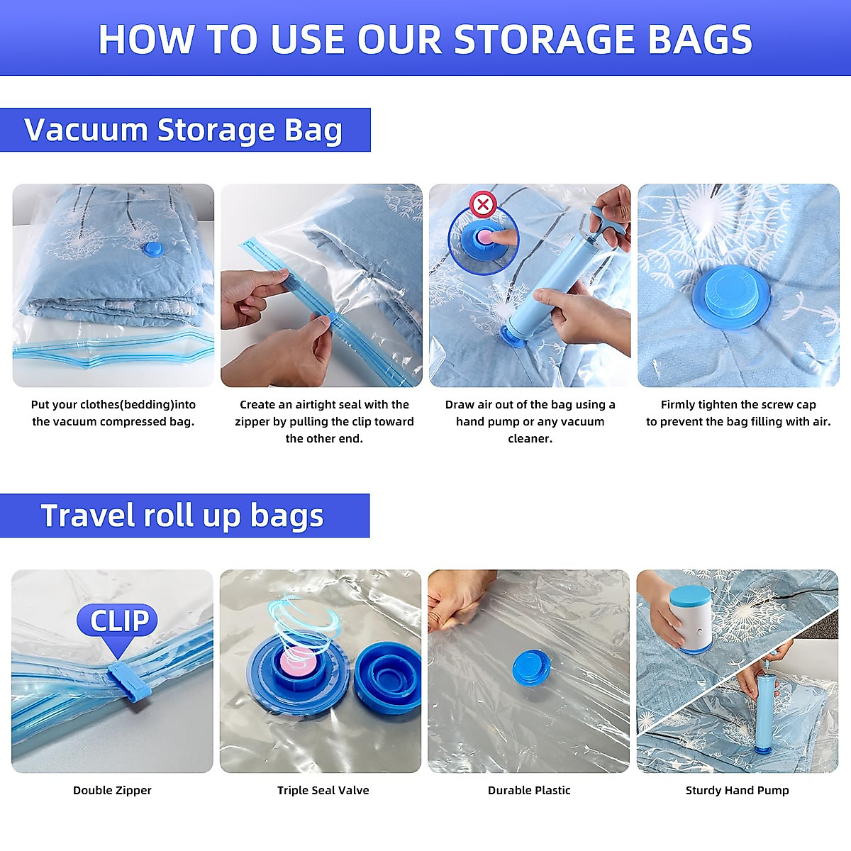 10 Pack Vacuum Storage Bags, Space Saver Bags with Hand Pump, Vacuum Seal Bags for Clothing, organization and storage Comforters, Pillows, Towel, Blanket Storage, Bedding,moving supplies.